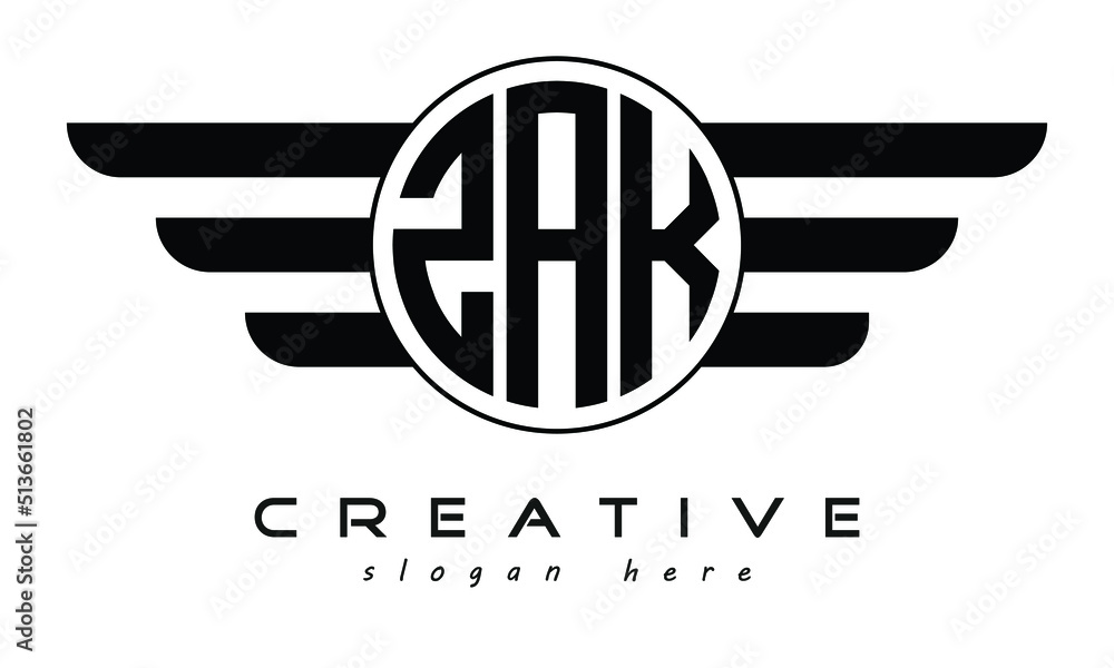 ZAK three letter circle with wings logo design vector template ...