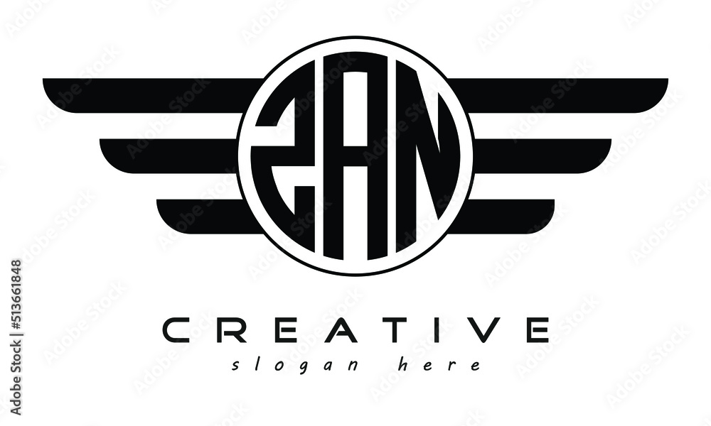 ZAN three letter circle with wings logo design vector template ...