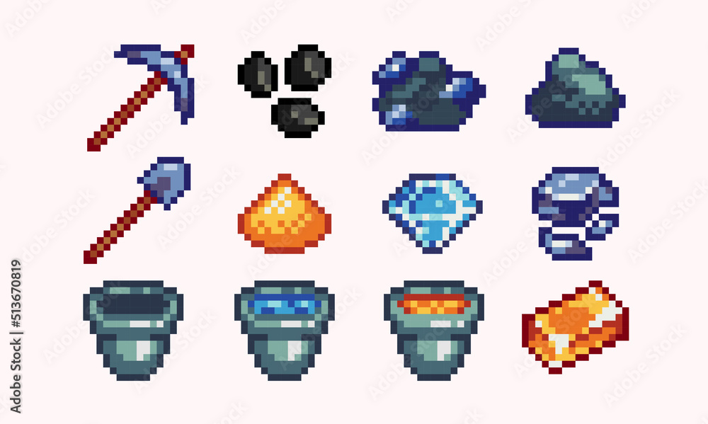 Mining equipment and production pixel art set. Pick, shovel, minerals ...