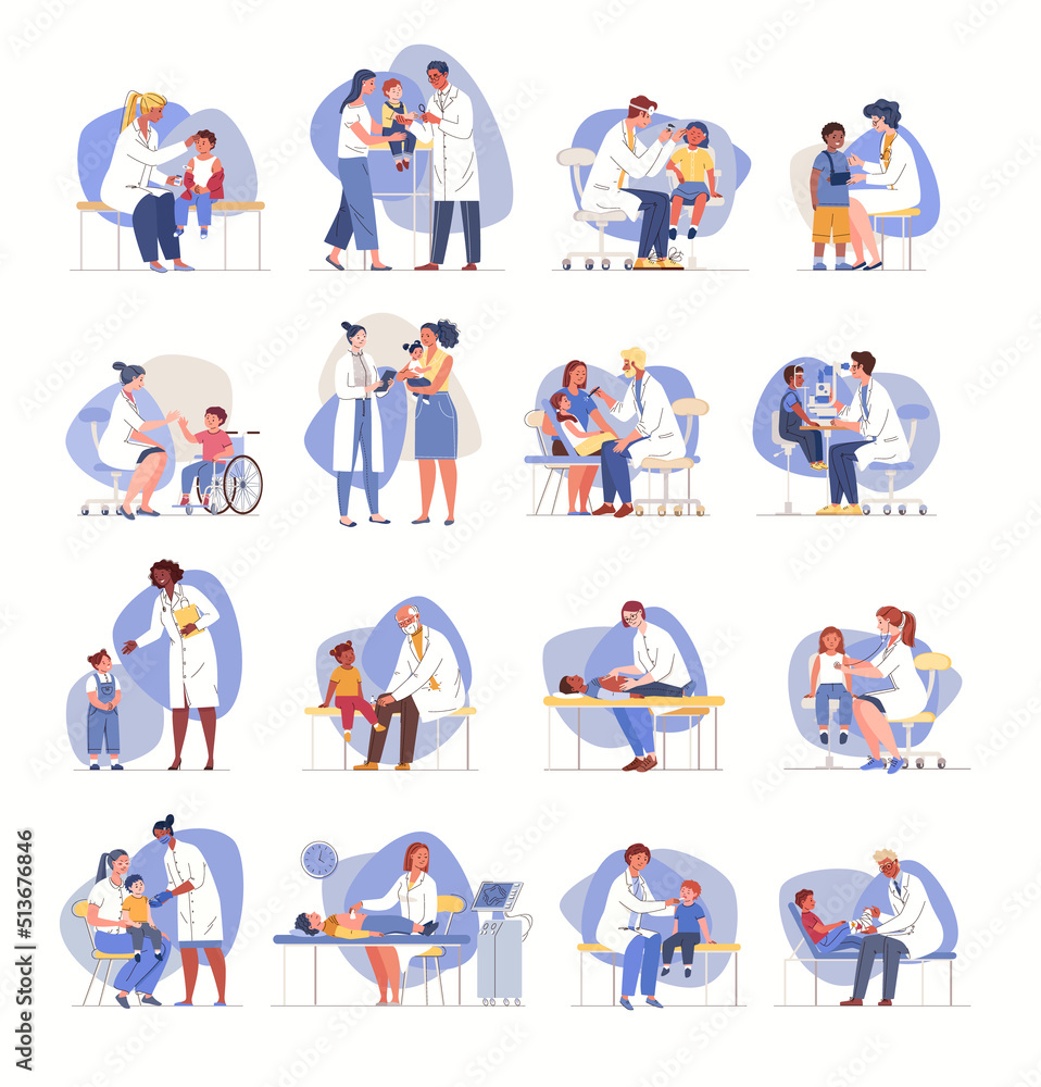 Big set of scenes from children visiting doctor. Consultation of ...