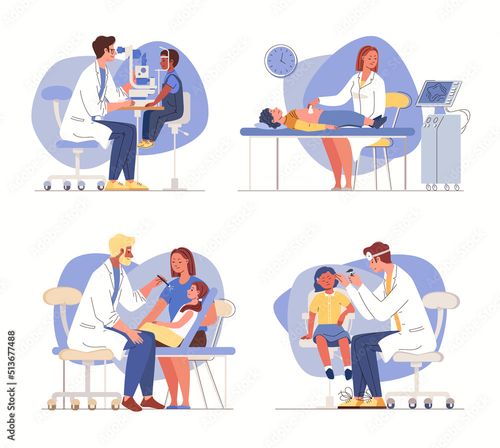 Set of plot illustrations of children's medical diagnostics "physician ...