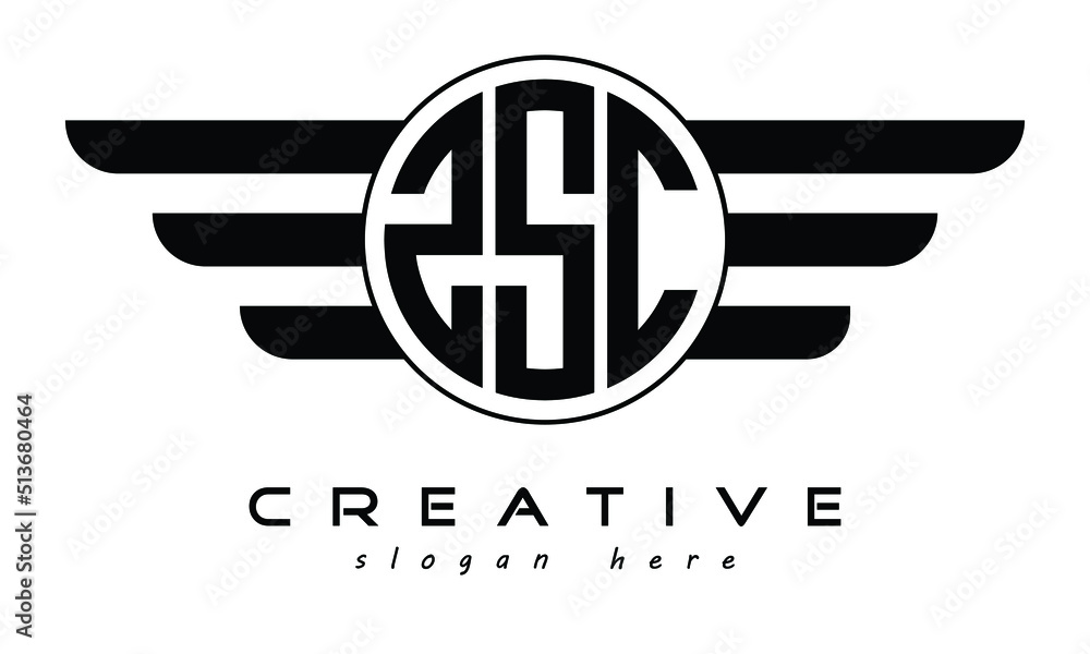 ZSC three letter circle with wings logo design vector template ...