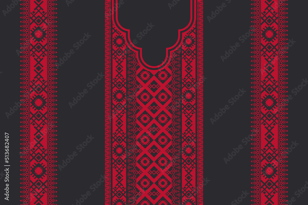 Vector red-black color ethnic geometric shape neck embroidery pattern ...