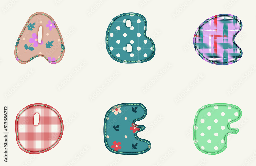 Patchwork hand drawn textile font. Cute textile font for scrapbook or ...