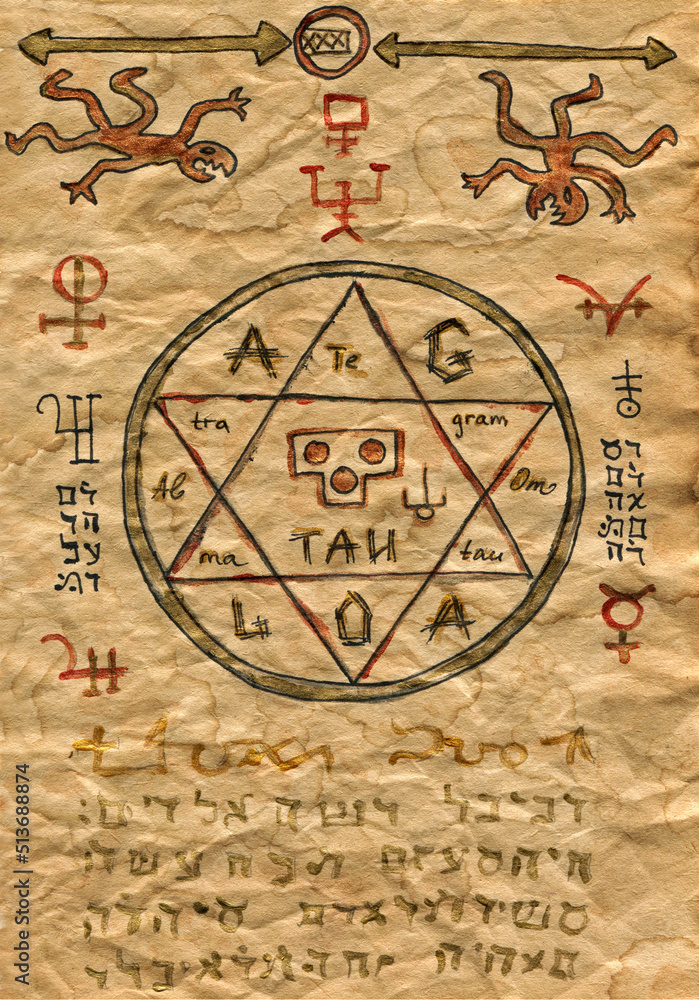 Hand drawn Halloween illustration of old page with wicca and mystic ...