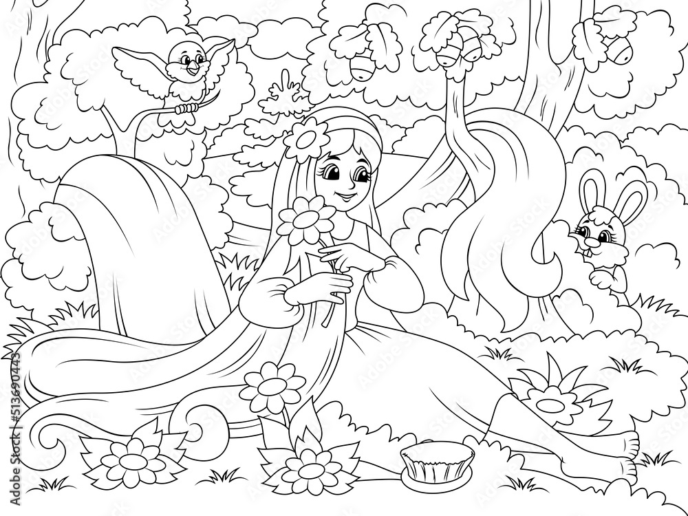 Girl with long hair in the forest, nature and wild animals. Drawing for ...