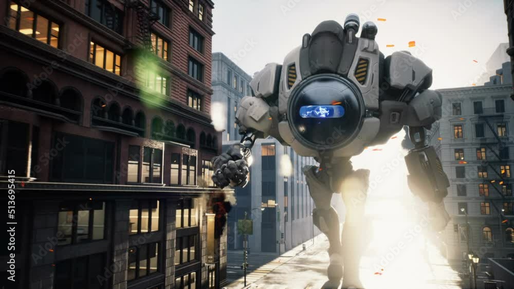 Video „A giant military robot walks through the streets of a smoke ...