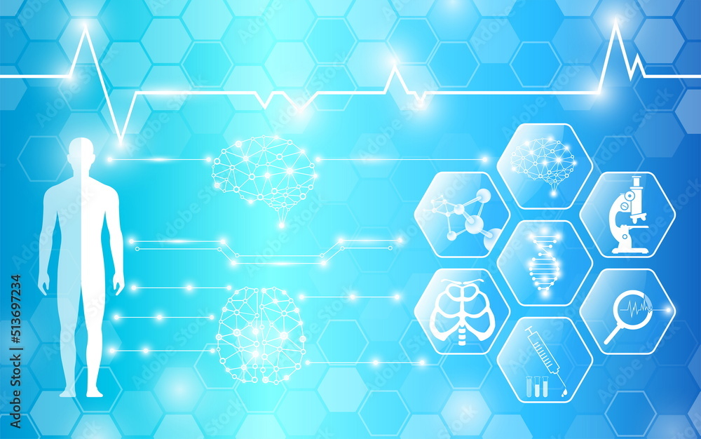 abstract background technology concept in blue light,brain and human ...