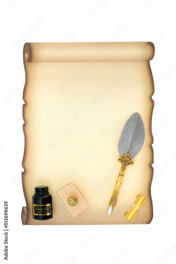 Old parchment paper scroll and writing equipment feather quill pen, ink ...