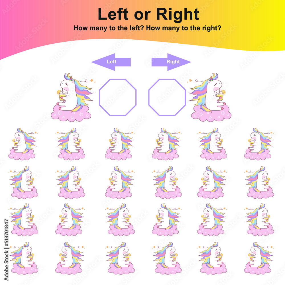 Counting unicorns left or right worksheet. Educational printable math ...