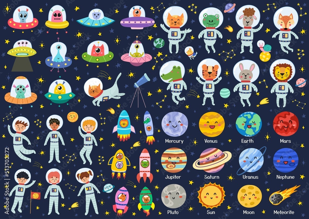 Big space collection with cute characters. Space bundle in cartoon ...
