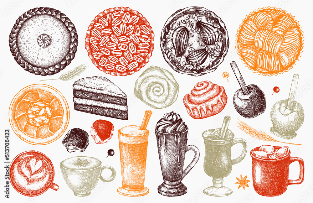 Autumn dessert collection. Thanksgiving dinner illustrations. Fall ...
