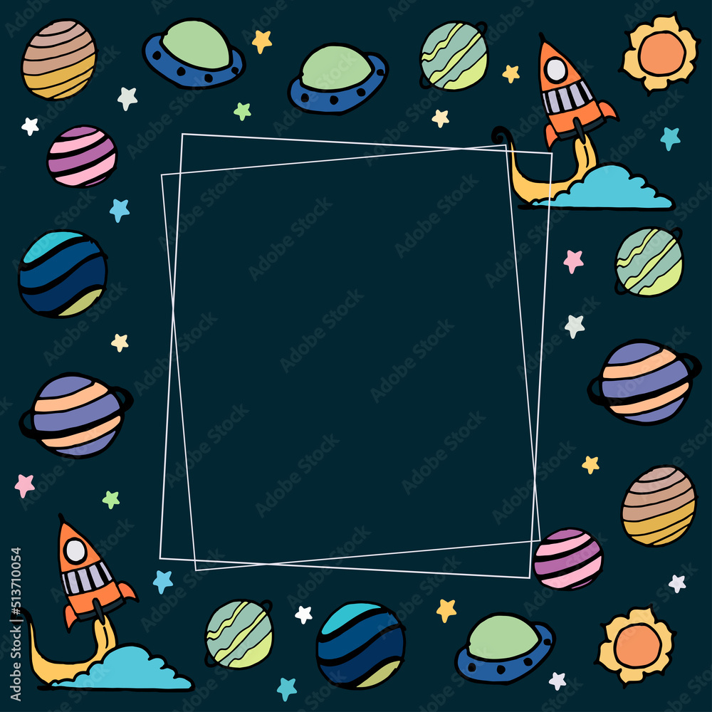 cute space frame, border. beautiful planet, sun, star, rocket and ufo ...