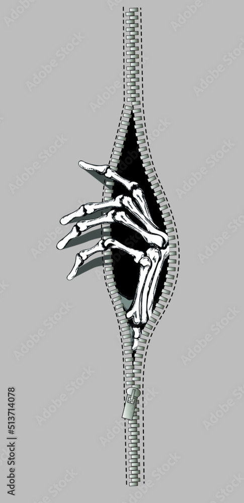 Skeleton's hand peeks out from zipper hole. Vector illustration. Stock ...