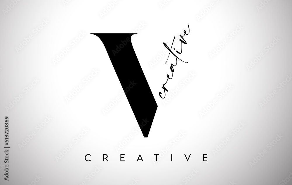 V Letter Design with Creative Cut and Serif Font in Black and White ...