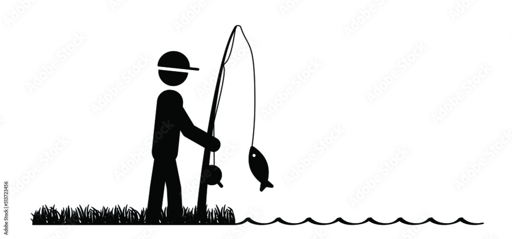 Cartoon drawing stickman, stick figure man with casting rod. fishing ...