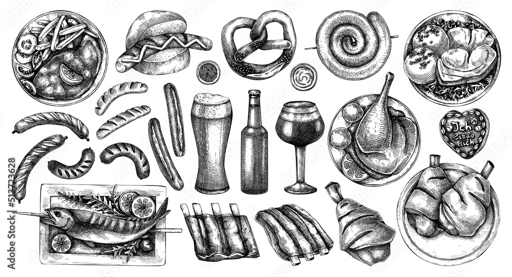 Traditional German food sketch collection. Oktoberfest menu design ...