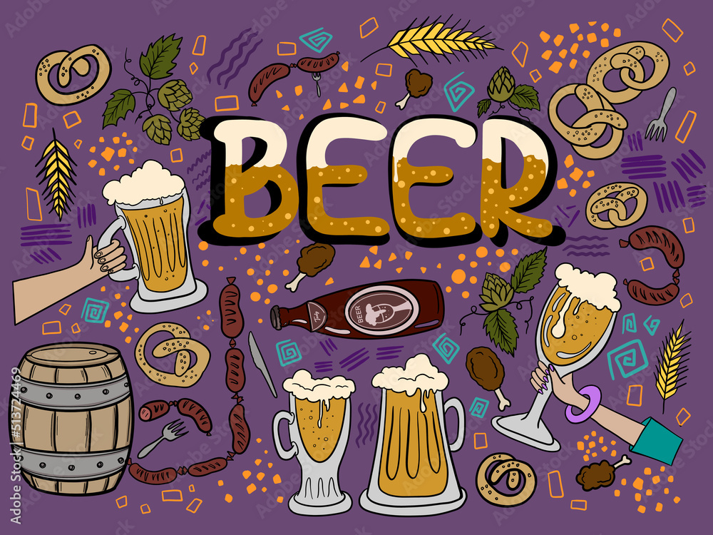 Beer banner illustration. Hand drawn cartoon beer doodles and beer ...