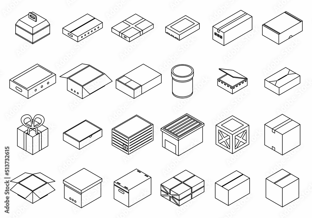 Box icons set. Isometric set of box vector icons thin line outline on ...