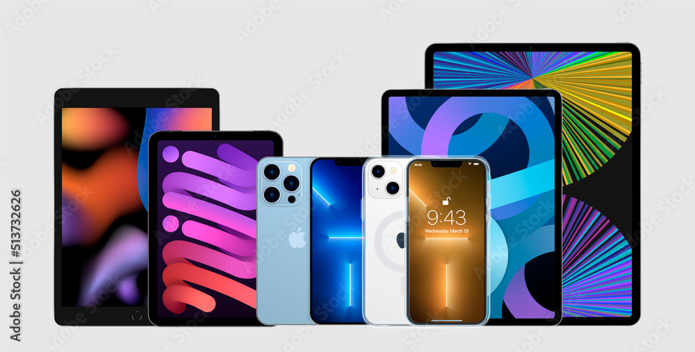 Apple Iphone smartphone, Ipad tablet set isolated on white background ...