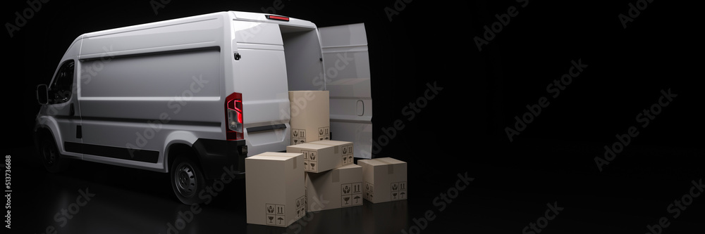 Generic modern white delivery van rear doors with packages on the ...