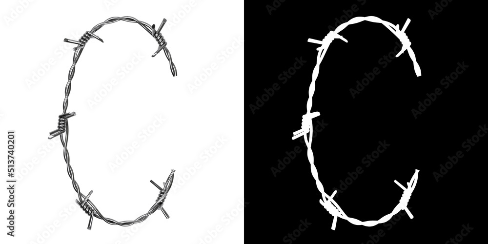 Letter C made of twisted metal barbed wire, isolated on white with ...