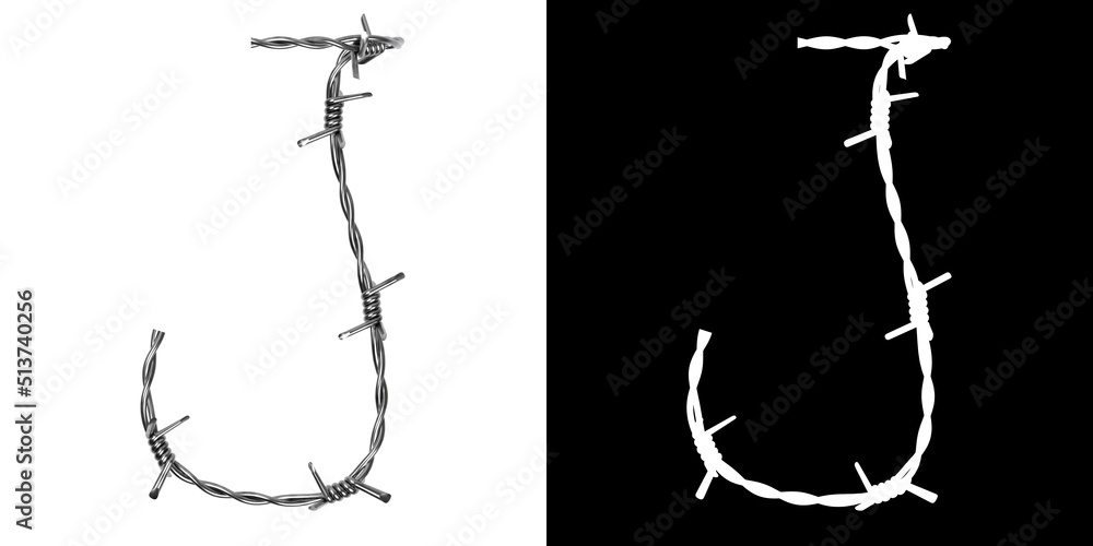 Letter J made of twisted metal barbed wire, isolated on white with ...