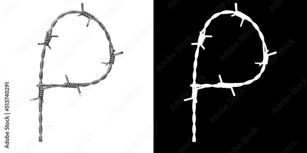 Letter P made of twisted metal barbed wire, isolated on white with ...