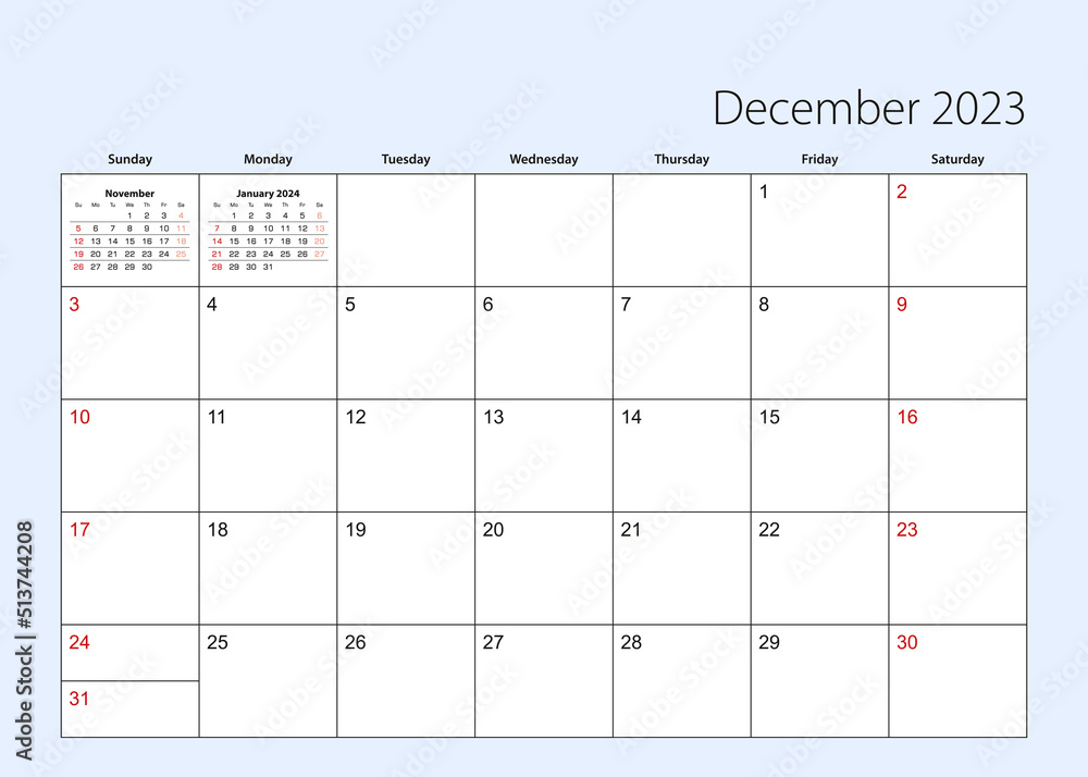 Wall calendar planner for December 2023. English language, week starts ...