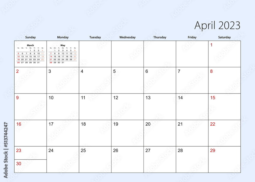 Wall calendar planner for April 2023. English language, week starts ...