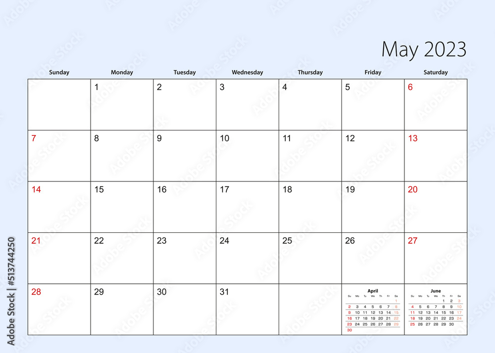 Wall calendar planner for May 2023. English language, week starts from ...