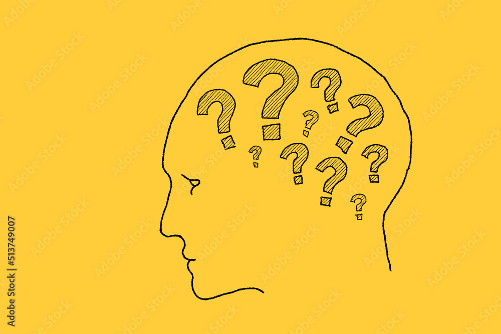 Human head with question marks inside. Illustration on yellow ...