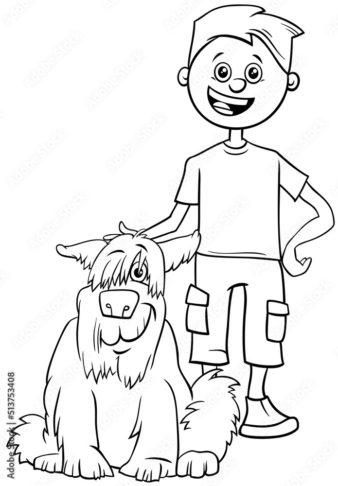 cartoon boy character with his dog coloring page Stock Vector | Adobe Stock