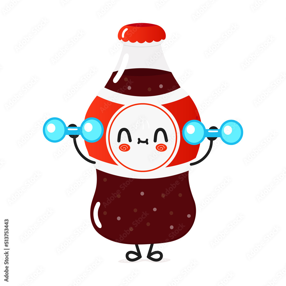 Cute funny bottle cold drink cola character dumbbells. Vector hand ...