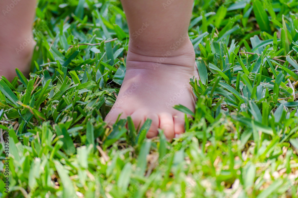 Little Kid Walks on the Grass with Bare Foot. Healthy Life with a Baby ...