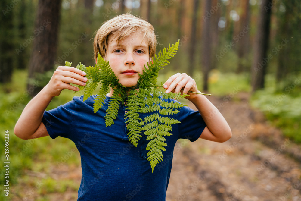 Preteen boy exploring summer forest, playing with wild ferns. Teaching ...