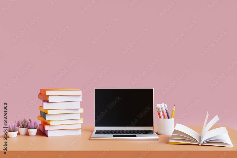 School desk with school accessories and laptop on pink background. 3d ...