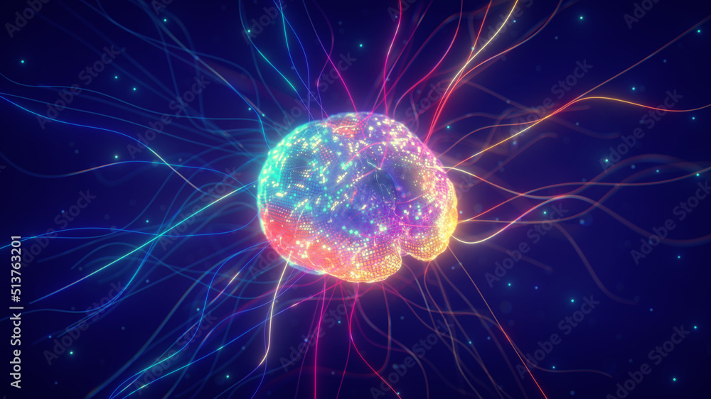 Digital brain connections spreading out. Artificial intelligence and neural network concept ...