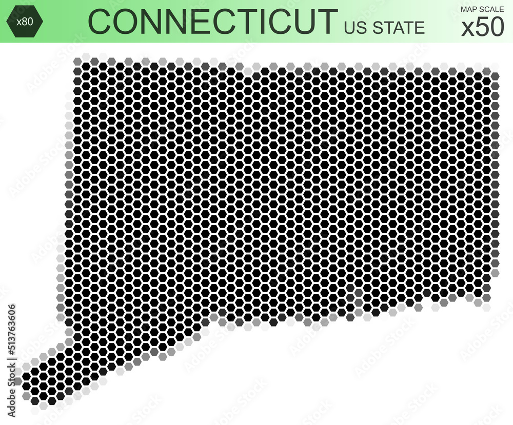 Dotted map of the state of Connecticut in the USA, from hexagons, on a ...
