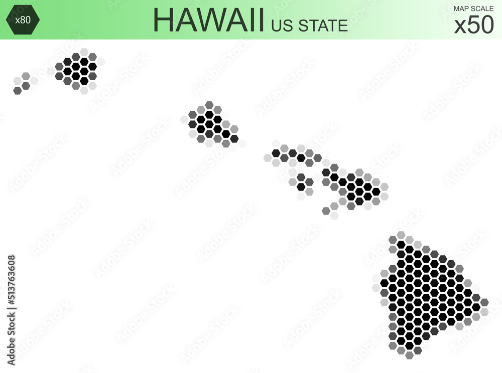Dotted map of the state of Hawaii in the USA, from hexagons, on a scale ...