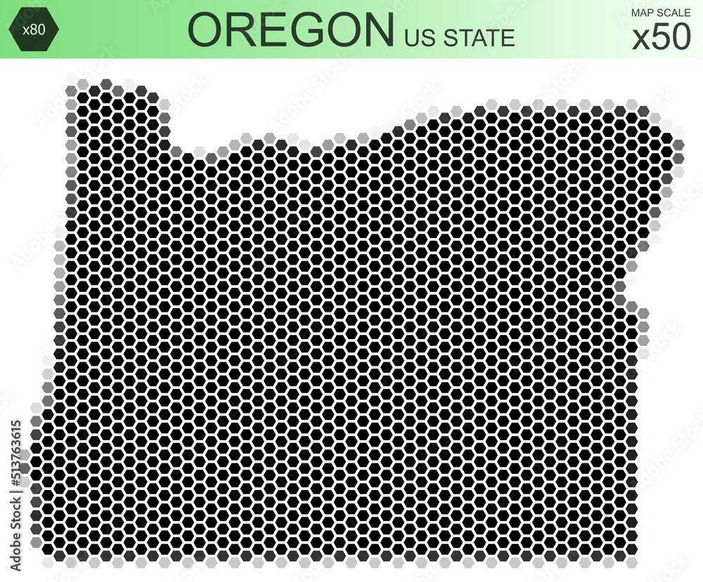 Dotted map of the state of Oregon in the USA, from hexagons, on a scale ...