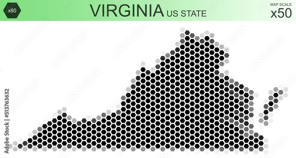 Dotted map of the state of Virginia in the USA, from hexagons, on a ...