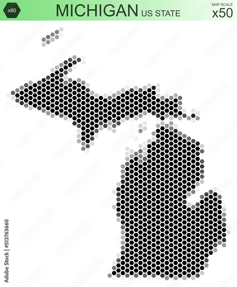Dotted map of the state of Michigan in the USA, from hexagons, on a ...