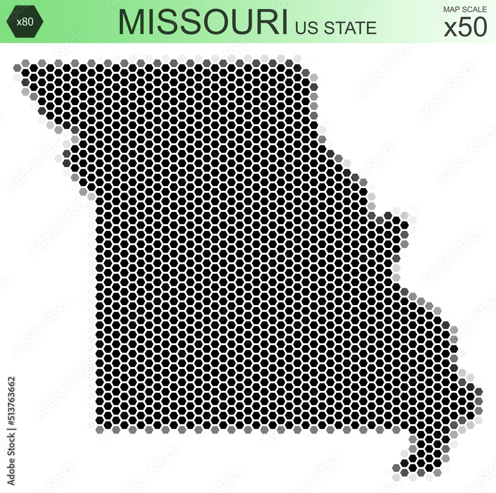 Dotted map of the state of Missouri in the USA, from hexagons, on a ...
