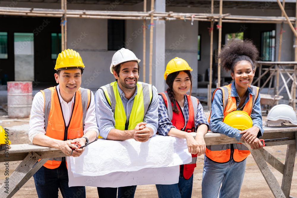 group civil engineers male female discuss inspect construction of ...