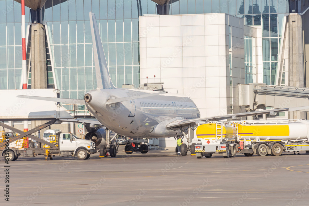 Aircraft for service, loading food, refueling fuel tanks before the ...