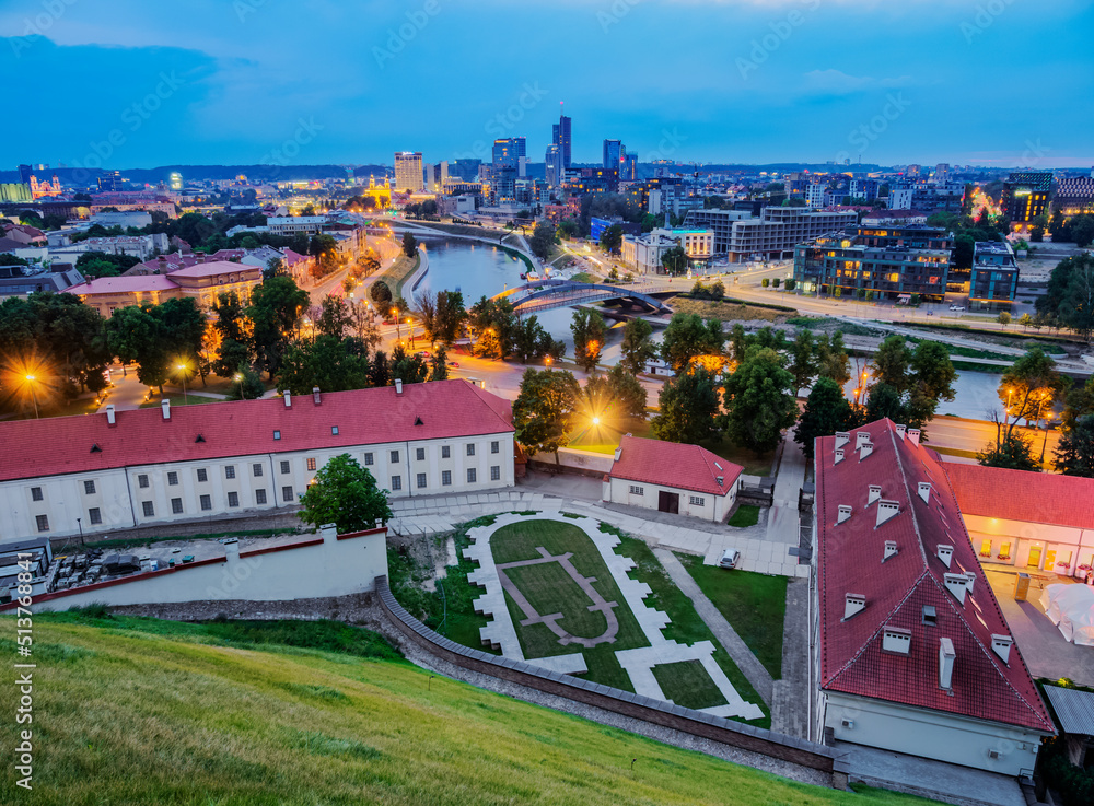 View over Neris River towards Snipiskes, New City Centre, dusk, Vilnius ...