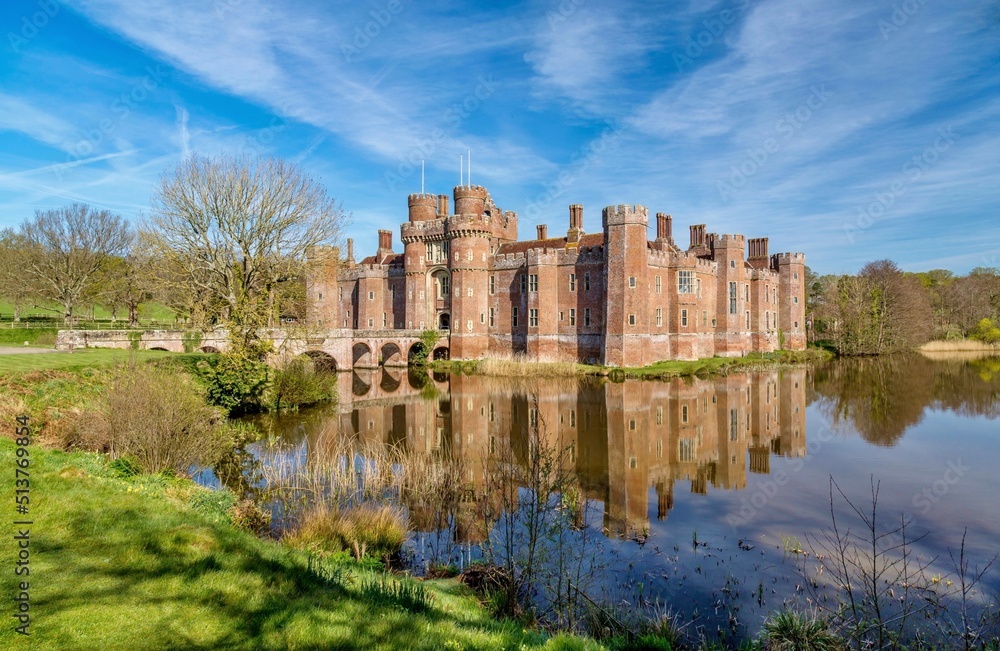The brick built 15th century Herstmonceux Castle, East Sussex, England ...