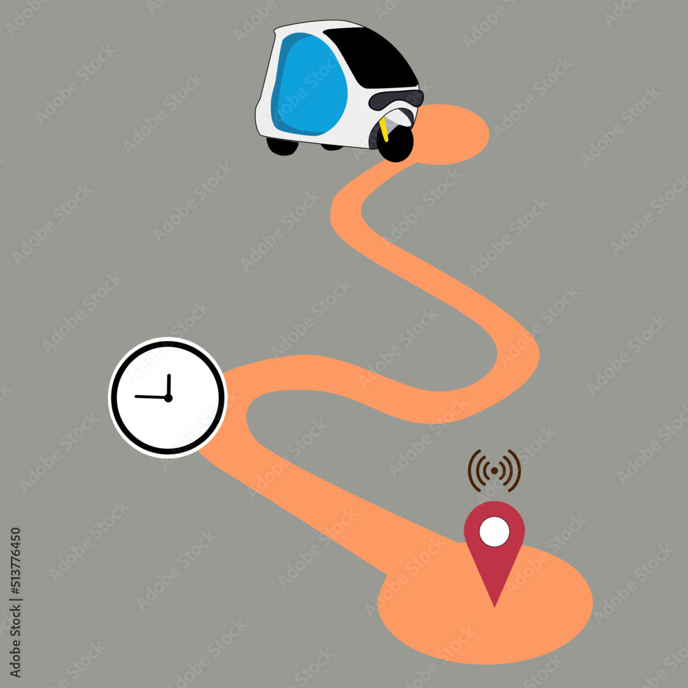The 3 wheel cars on a road with geo location signs. Concept of ...