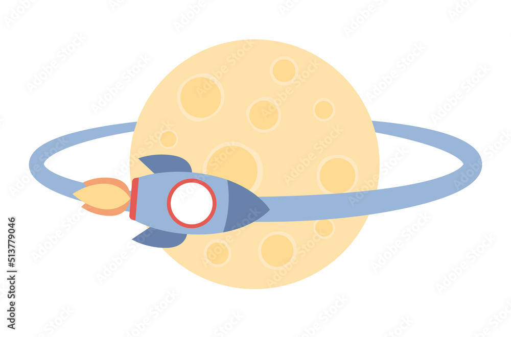 Rocket flies around moon icon. Astronomy. Space travel to the moon ...